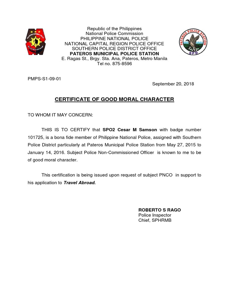 Certificate of Good Moral Character | PDF | Metro Manila | Law Enforcement
