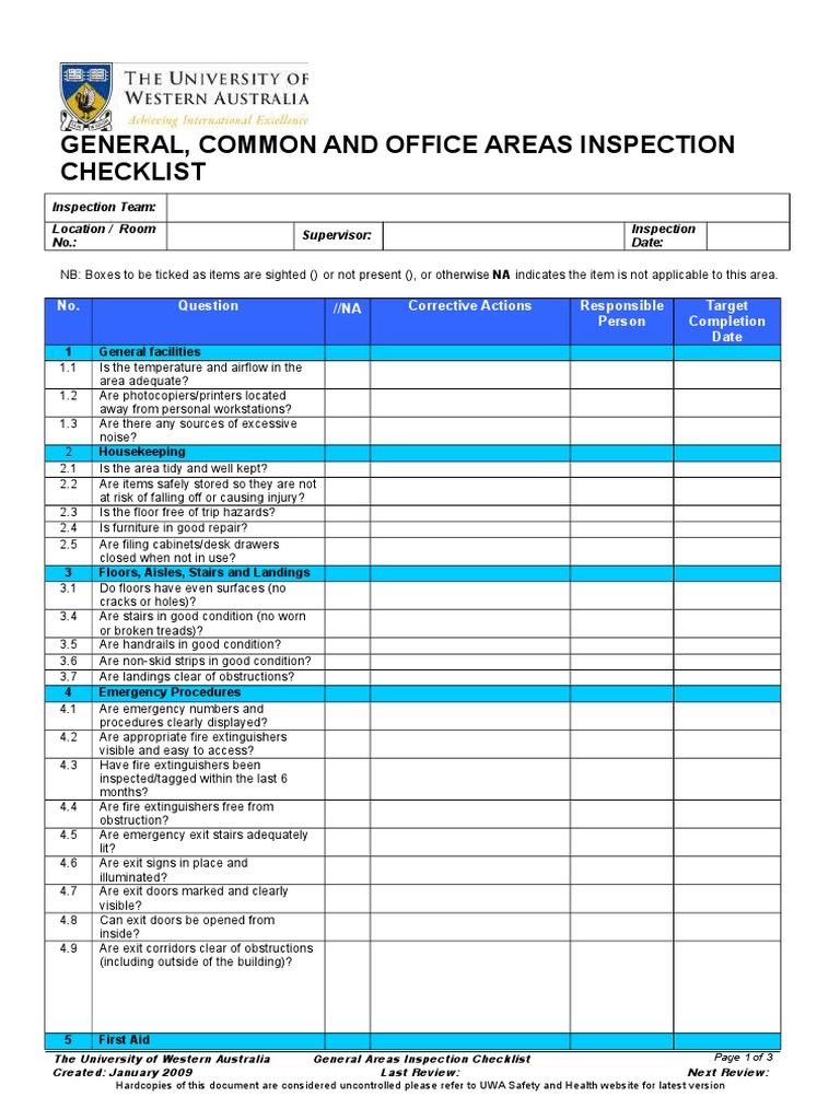 General, Common and Office Areas Inspection Checklist | Download Free ...