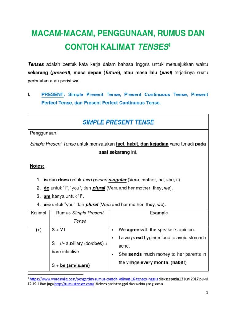 Macam-Macam, Penggunaan, Rumus Dan Contoh Kalimat Tenses | PDF ...