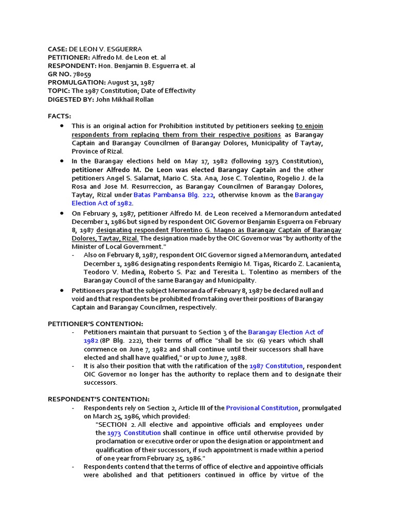 De Leon v. Esguerra Case Summary | PDF | Ratification | Sources Of Law
