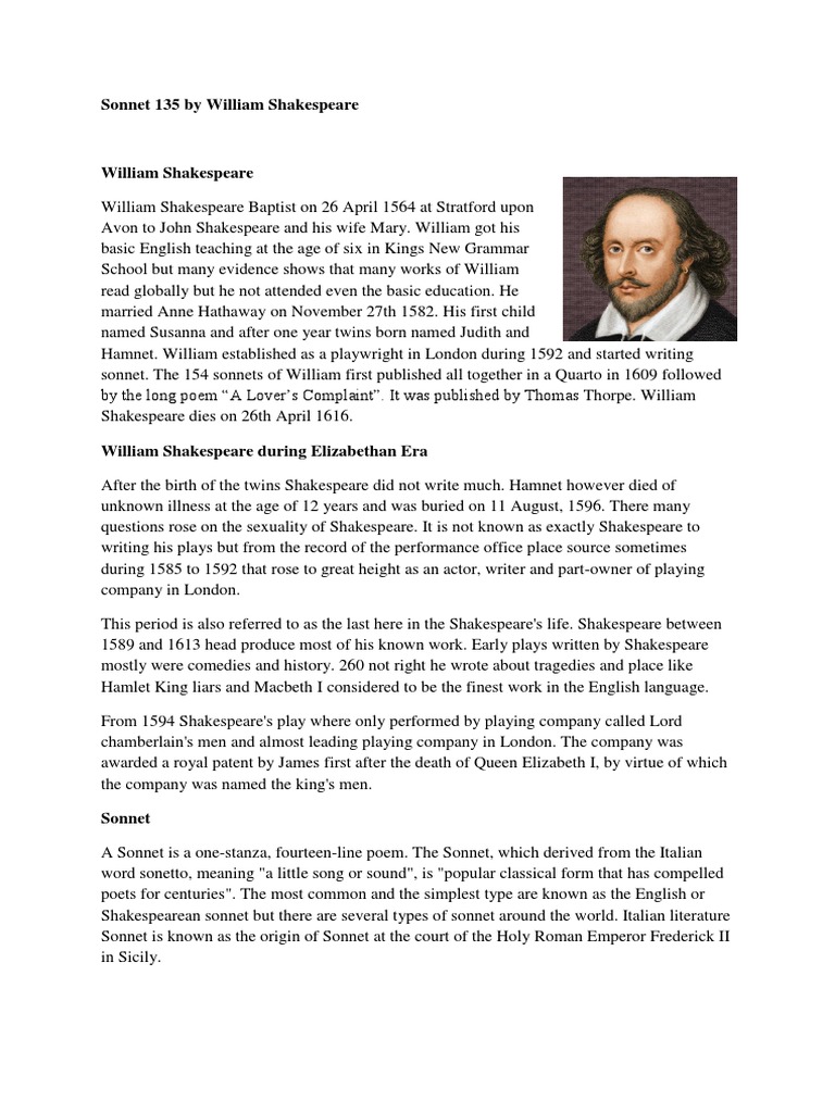 Sonnet 135 by William Shakespeare | PDF | Shakespeare's Sonnets ...