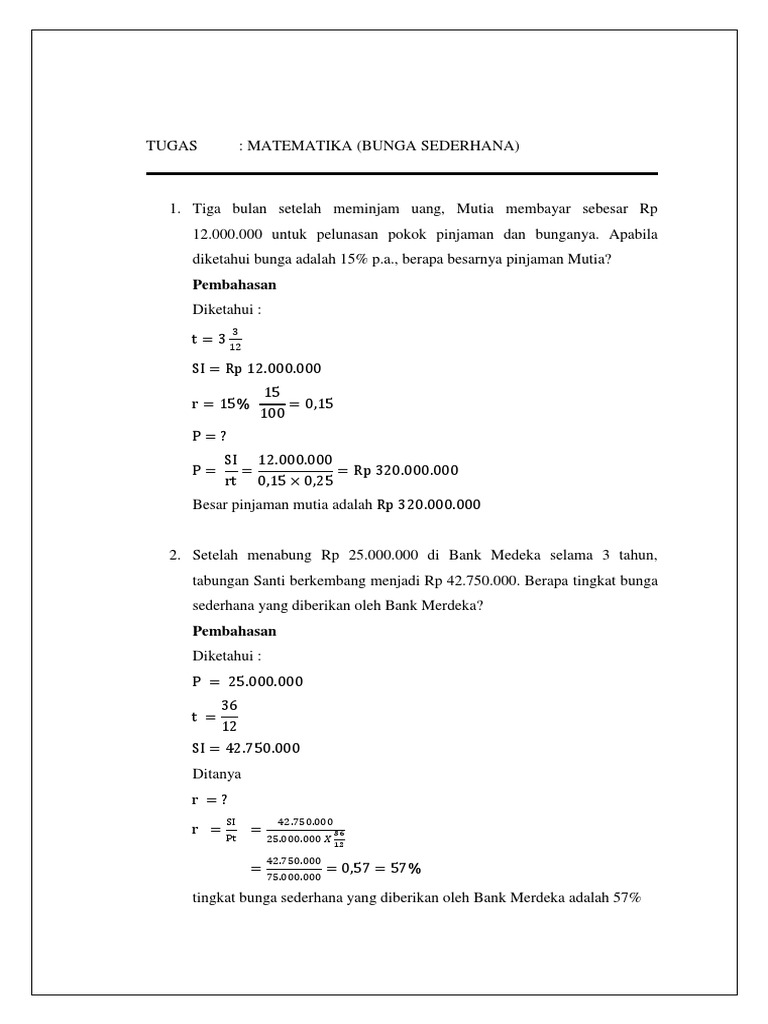 Tugas Matematika Bunga Sederhana Hal 19-20 | PDF