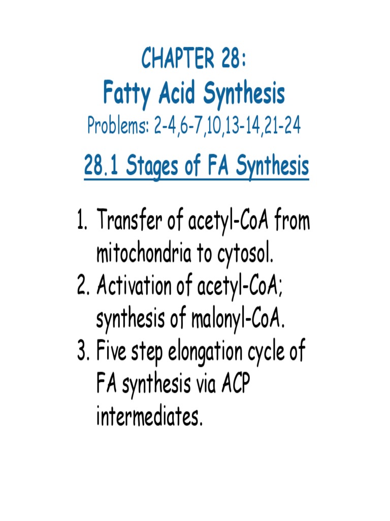 Fatty Acid Synthesis: 28.1 Stages of FA Synthesis | PDF | Biosynthesis ...