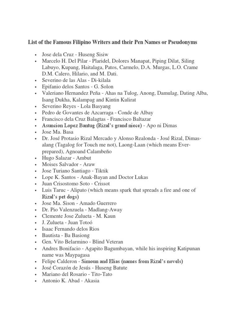 List of The Filipino Writer and Their Pen Names | PDF | Philippines ...