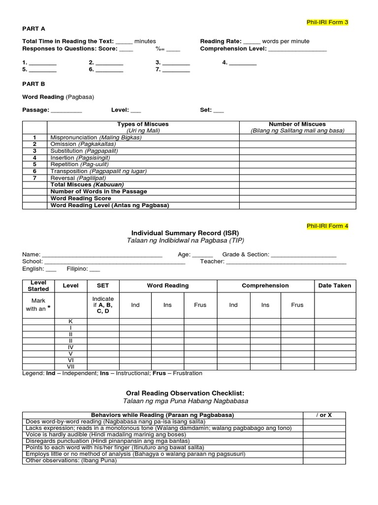 Phil-IRI Form 3 & Form 4 | PDF | Linguistics | Reading (Process)