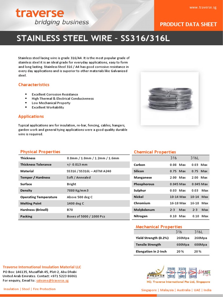 Stainless Steel Wire - Ss316/316L: Product Data Sheet | PDF | Stainless ...