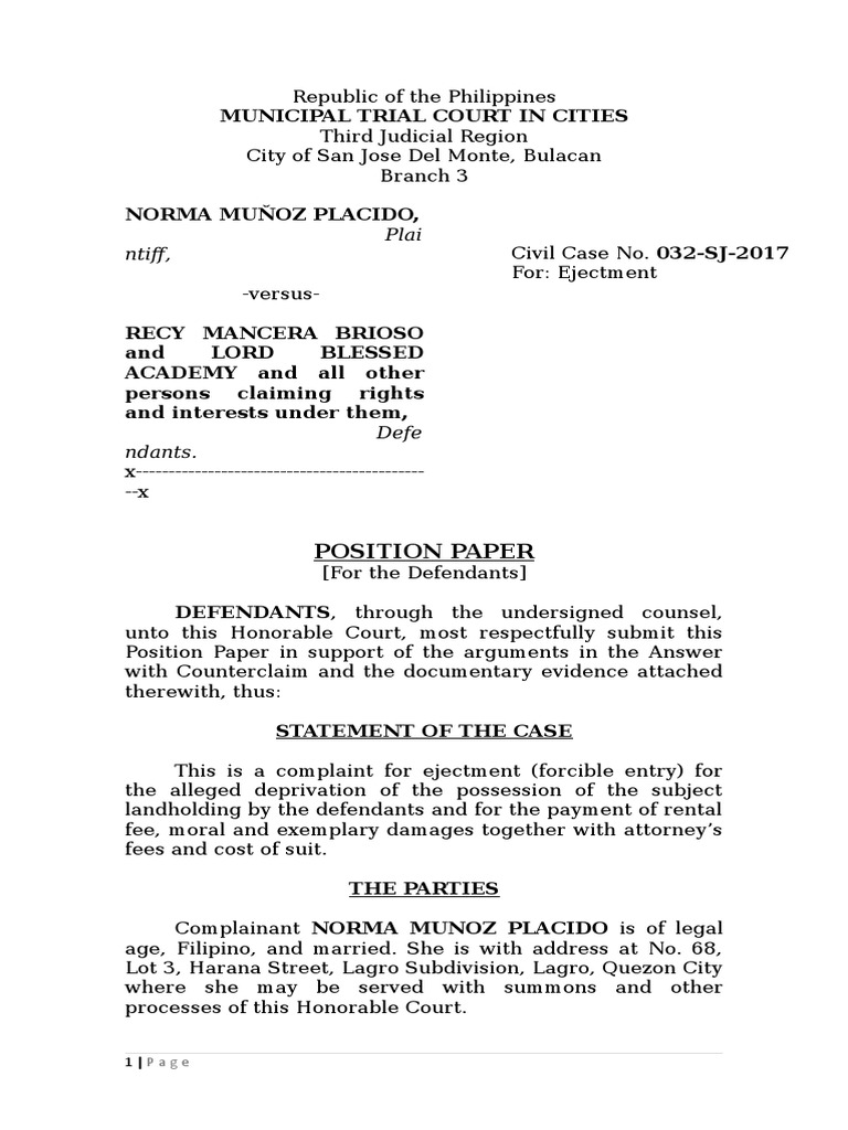 Defendants' Position on Ejectment Case | PDF | Pleading | Complaint