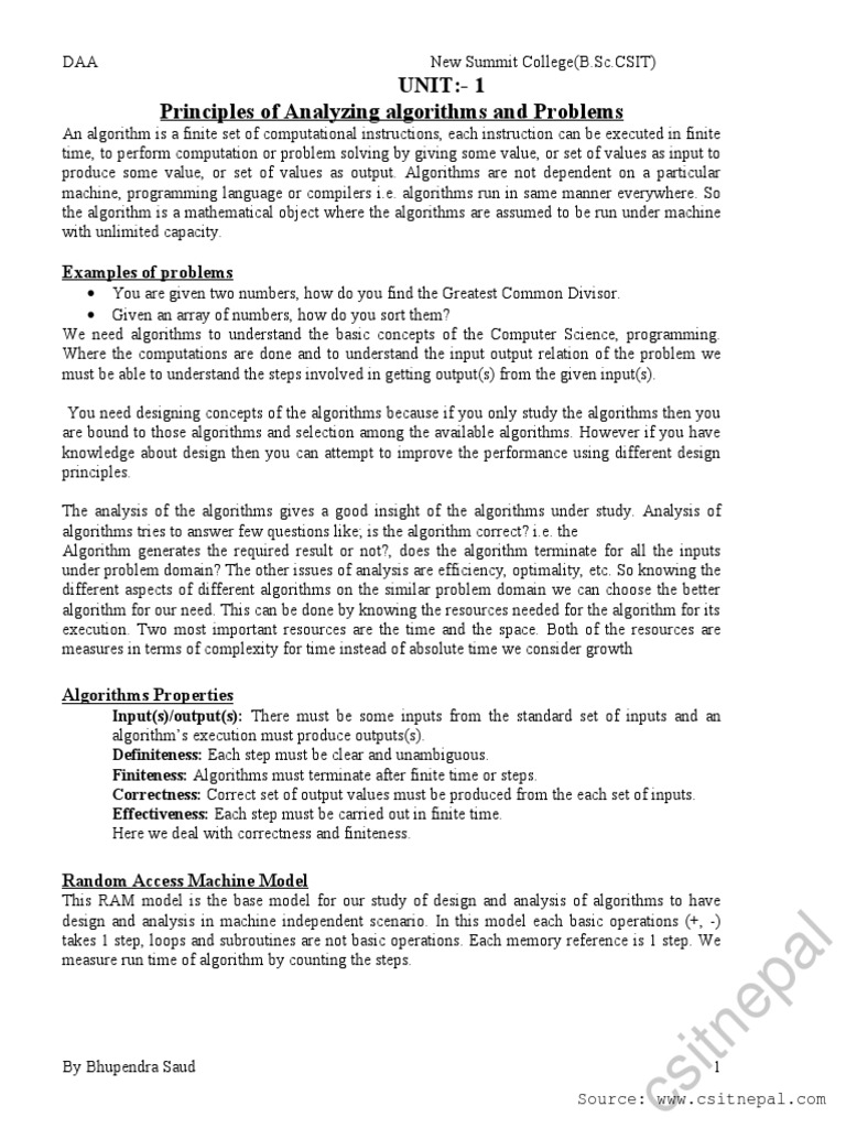 Csitnepal: UNIT:-1 Principles of Analyzing Algorithms and Problems | PDF | Algorithms ...