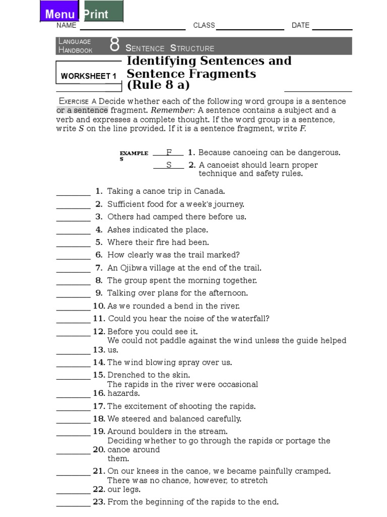 Identifying Sentences and Sentence Fragments (Rule 8 A) : Worksheet 1 | PDF