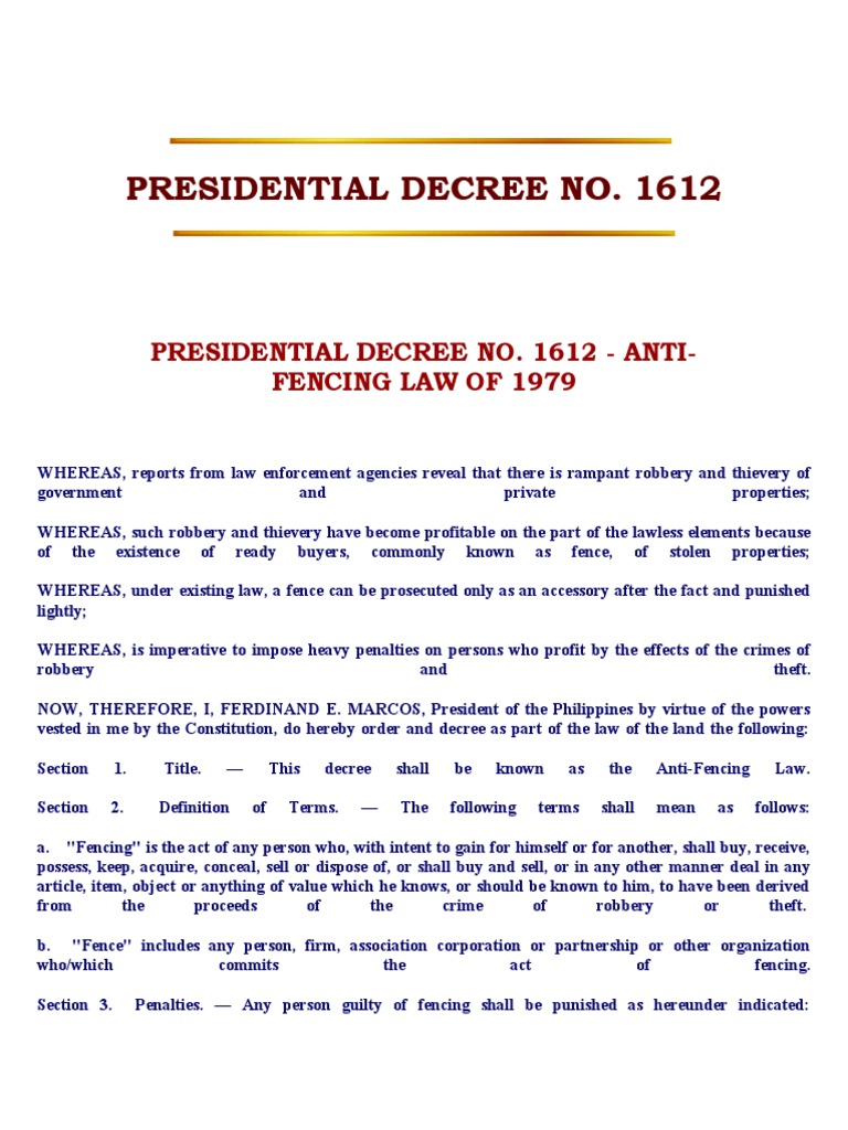 Presidential Decree No. 1612 - Anti-Fencing Law of 1979 | PDF