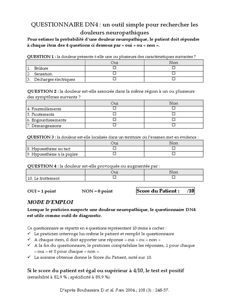 Questionnaire DN4 : Diagnostic Douleur Neuropathique | PDF | Douleur ...