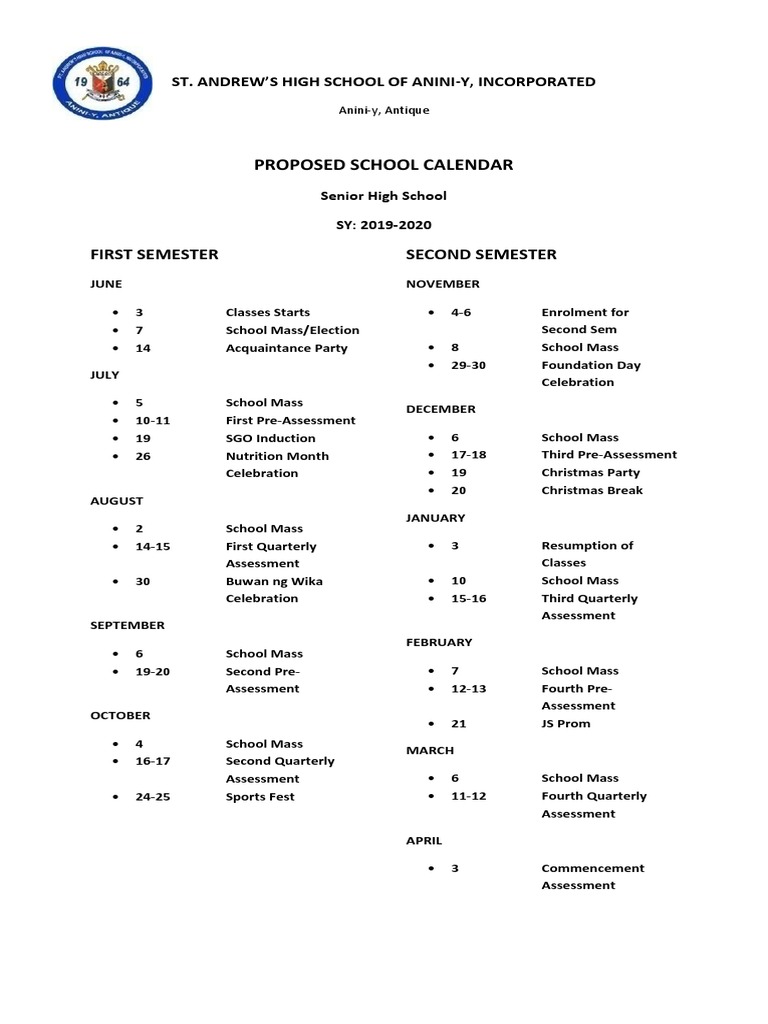 Proposed School Calendar: First Semester Second Semester | Download ...