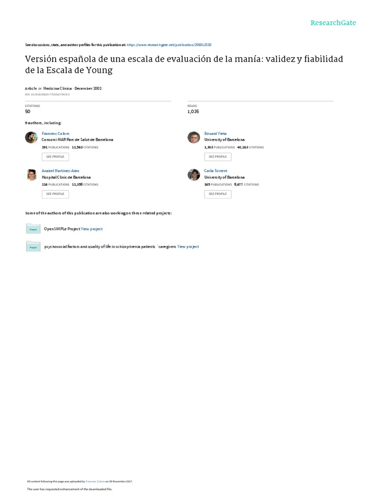 Validación española de la Escala de Young para la evaluación de la manía (YMRS | PDF | Alfa de ...