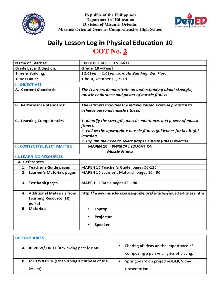 Daily Lesson Log in Physical Education 10: COT No. 2 | PDF | Physical ...