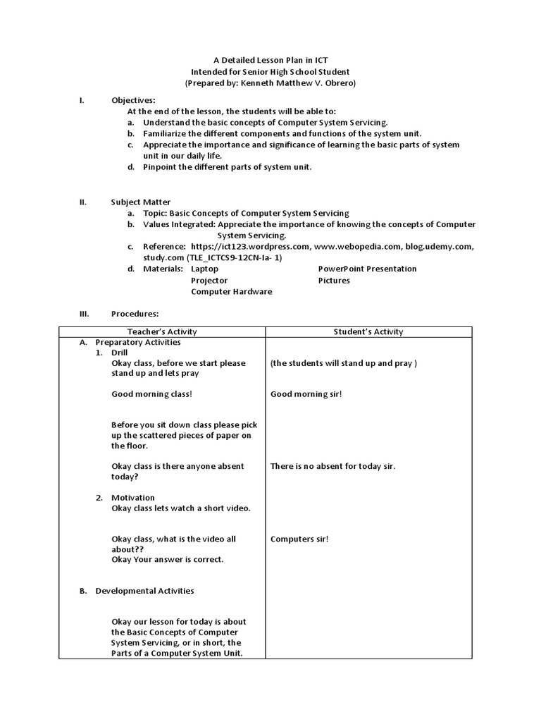 A Detailed Lesson Plan | PDF | Random Access Memory | Central ...