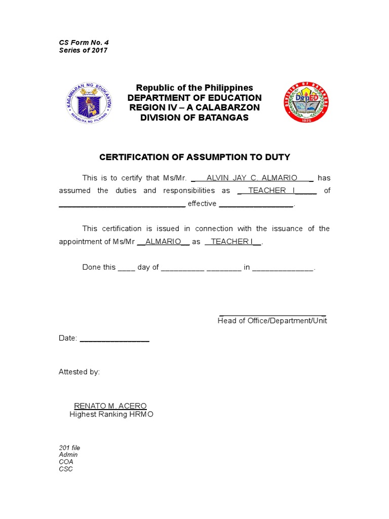 CS Form No. 4 Certification of Assumption To Duty | PDF