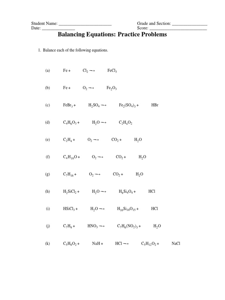 Balancing Chemical Equations: Answers to Practice Problems | PDF ...