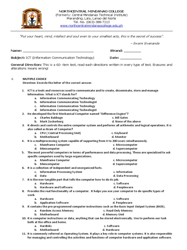 Test Questionnaire (Ict) | Download Free PDF | Input/Output | Computer ...