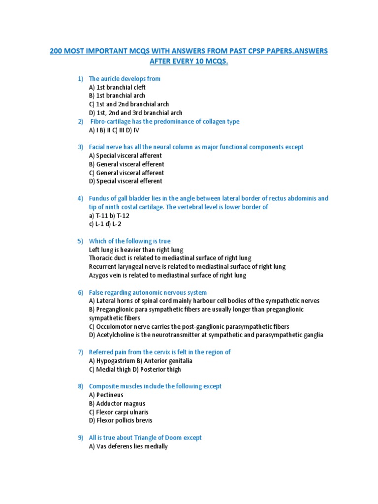 200 Most Important Mcqs With Answers From Past CPSP Papers - Answers ...