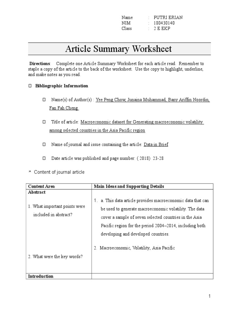 Article Summary Worksheet: Directions: Complete One Article Summary ...