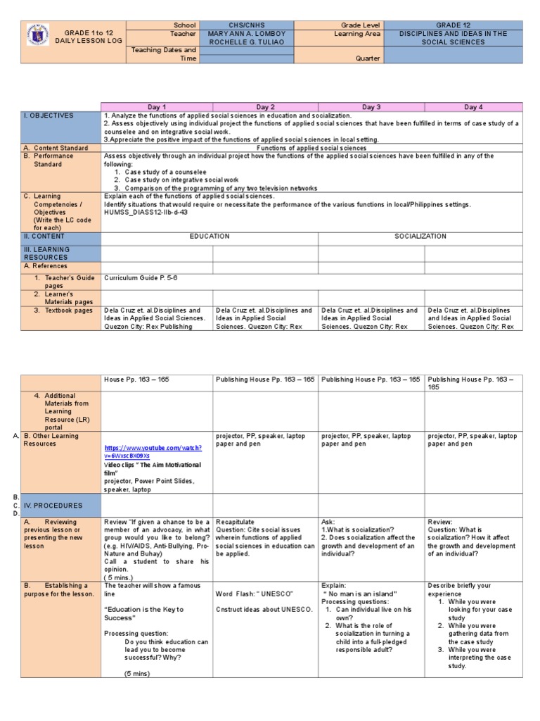 DLP DIASS Q2 Week B-D - Functions of Applied Social Sciences 3 | PDF | Socialization | Science