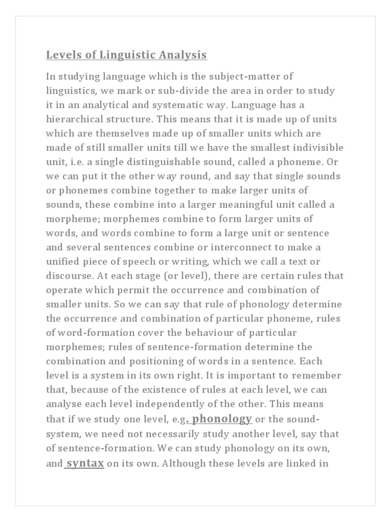 Levels of Linguistic Analysis Explained | PDF | Word | Semantics