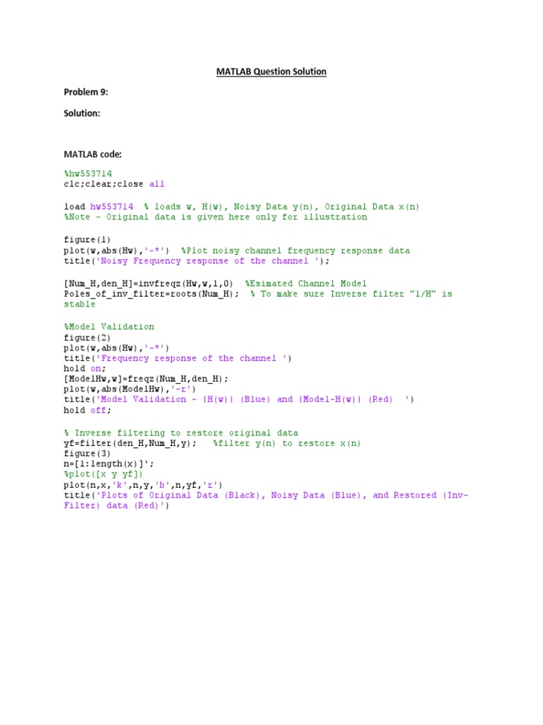 MATLAB Question Solution Problem 9: Solution | PDF | Science & Mathematics