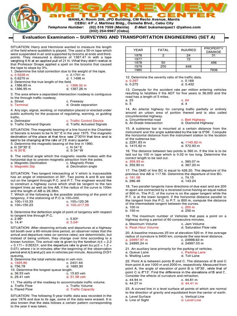 Answer Evaluation Exam Surveying and Transportation Eng SET A 1 2 PDF ...