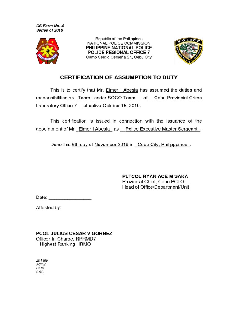 Certificate of Assumption To Duty 5 | PDF