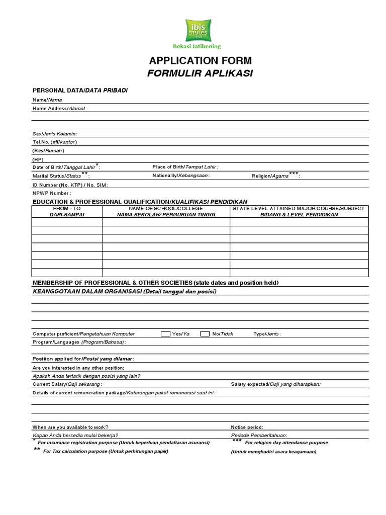 Application Form Ibis 2018 (English Bilingual) - Ibis Styles Bekasi ...