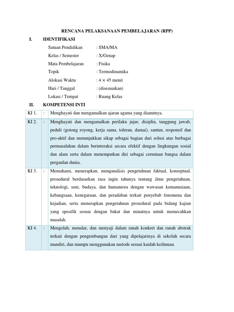 Rencana Pelaksanaan Pembelajaran (RPP) Termodinamika | PDF