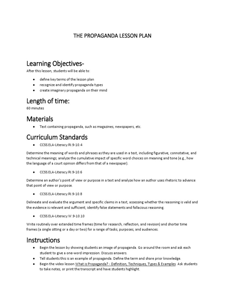 Typles of Propaganda Lesson Plan | PDF | Propaganda | Lesson Plan