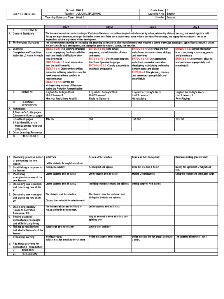 Daily Lesson Log (English) | PDF | English Language | Learning
