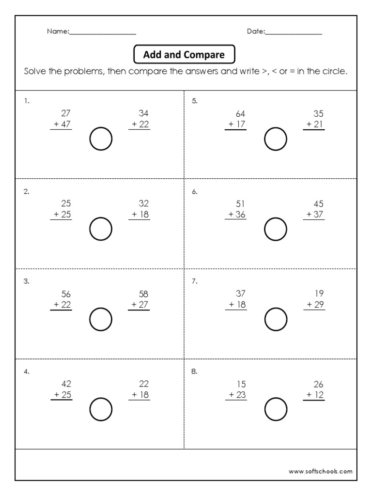 Add and Compare: An Arithmetic Worksheet with Comparative Problems ...