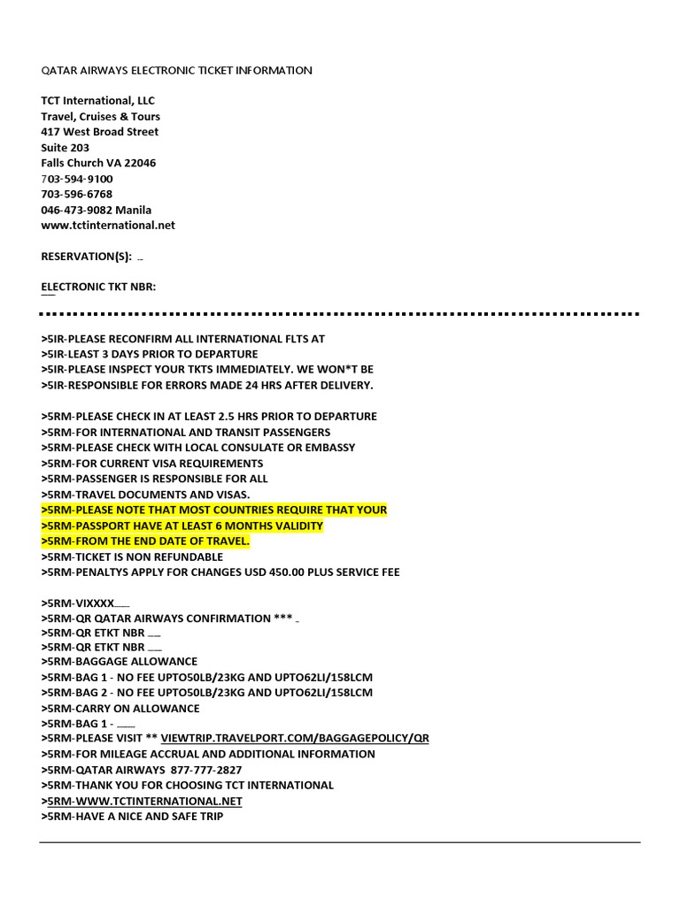 Qatar Airways Electronic Ticket Information | PDF
