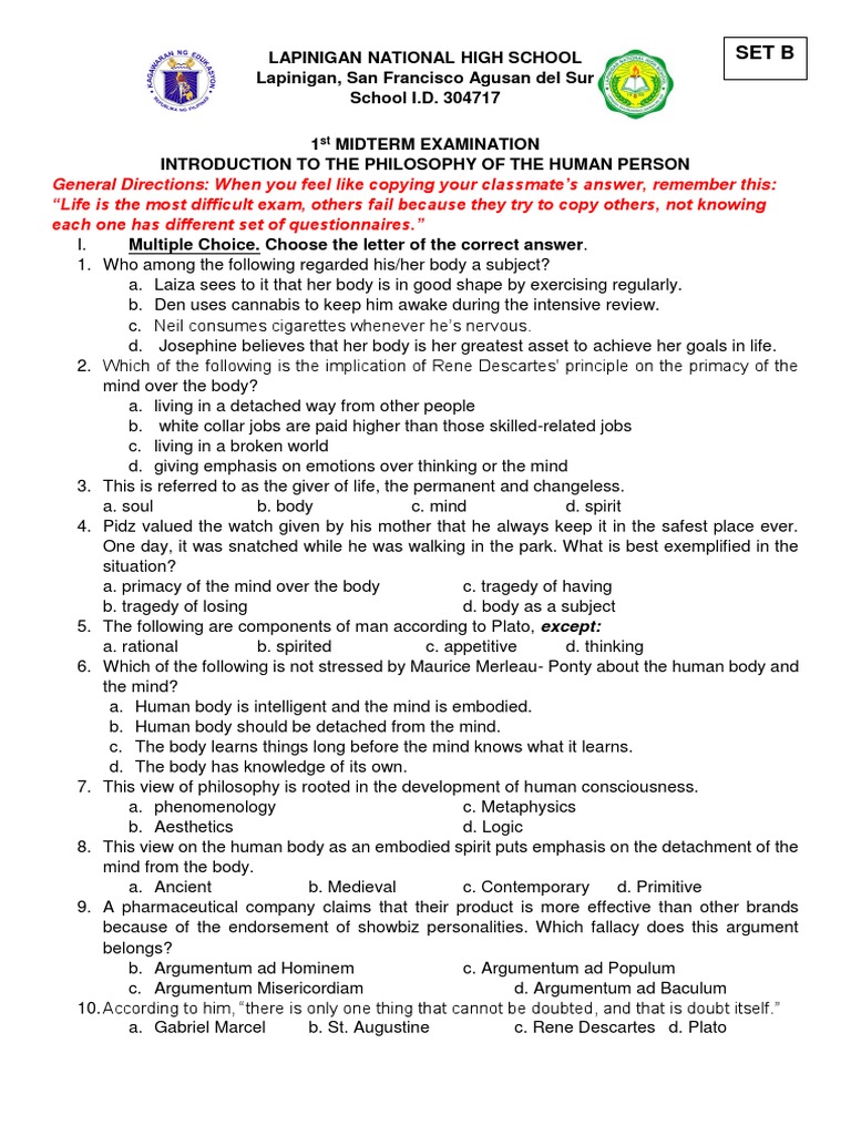 Introduction To The Philosophy of The Human Person Midterm Set B | PDF ...