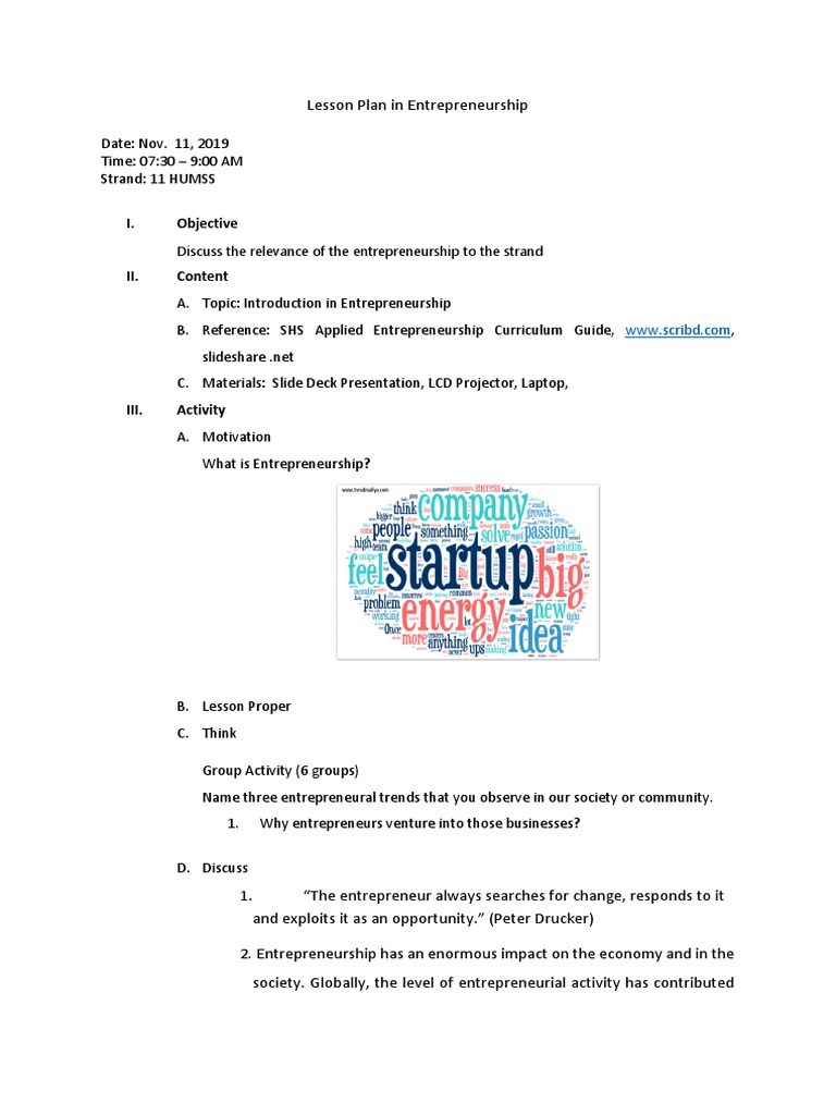 Entrepreneurship Lesson Plan for HUMSS | PDF
