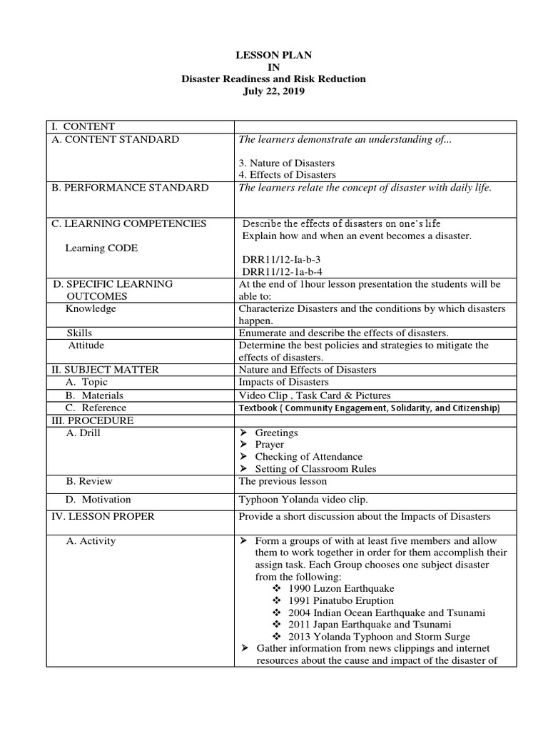 Grade 11 DRR Lesson Plan: Disasters | PDF | Hazards | Lesson Plan