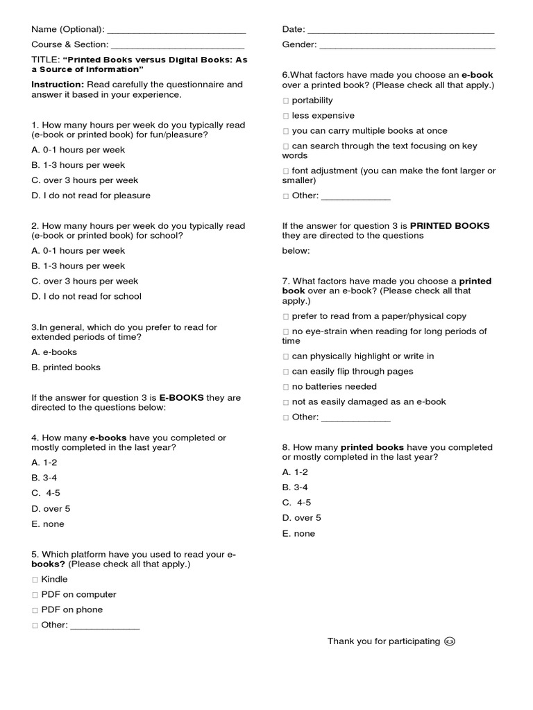 Questionnaire | PDF | Books | E Books