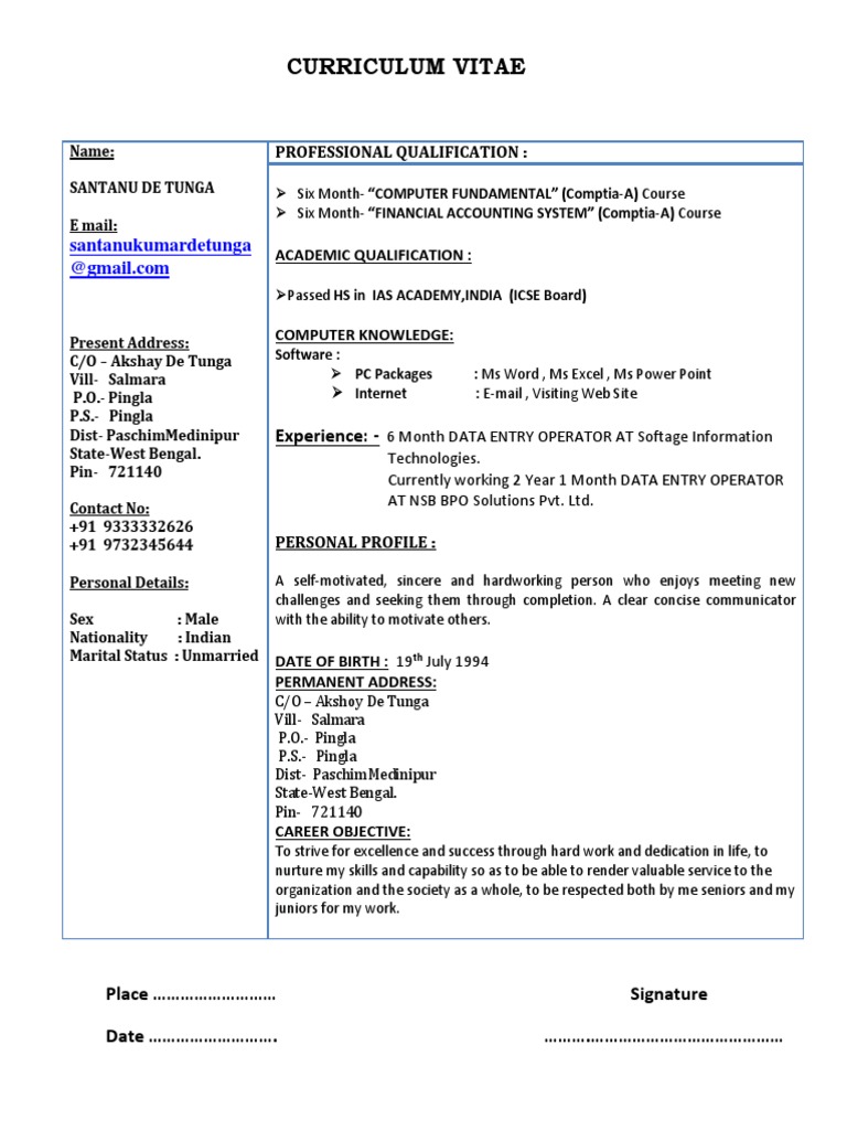 Santanu De Tunga CV: Data Entry Operator | PDF