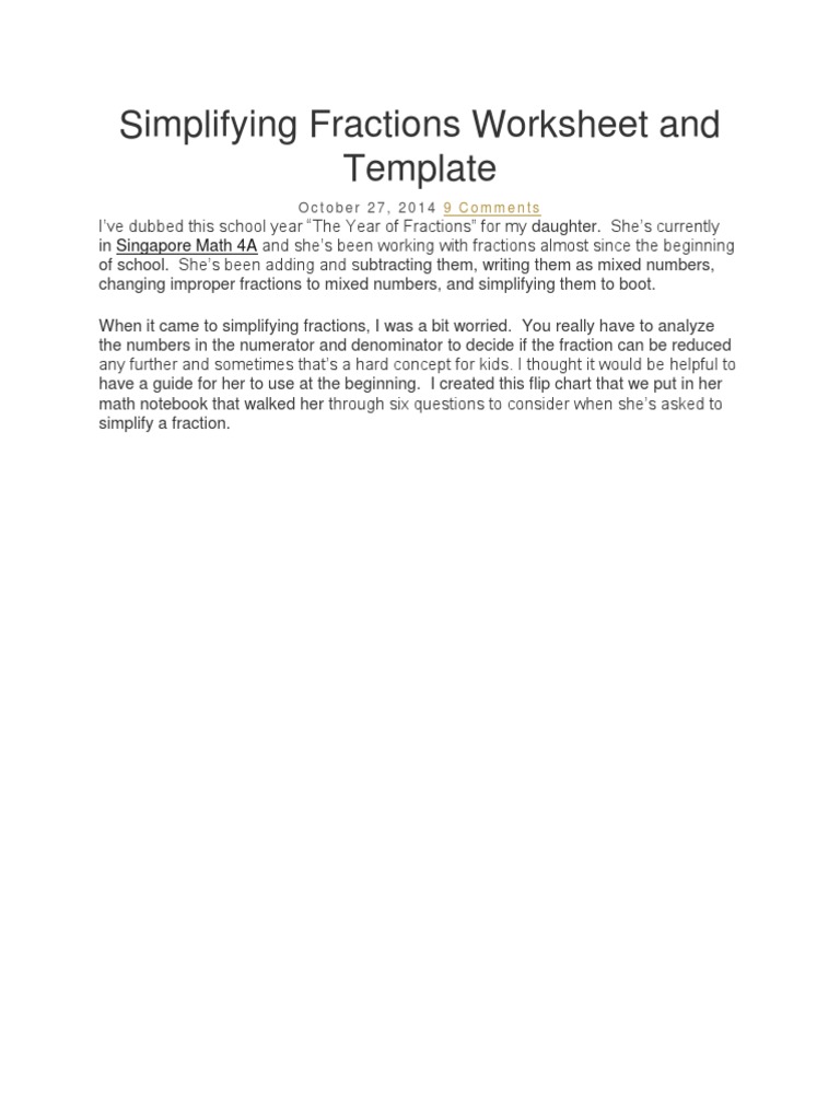 Simplifying Fractions Worksheet and Template: Singapore Math 4A | PDF ...
