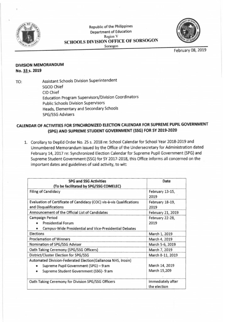 Div Memo No. 033 S 2019 Calendar of Activities For Synchronized Election Calendar For Supreme ...