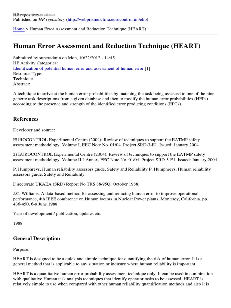 Human Error Assessment and Reduction Technique (HEART) : References ...