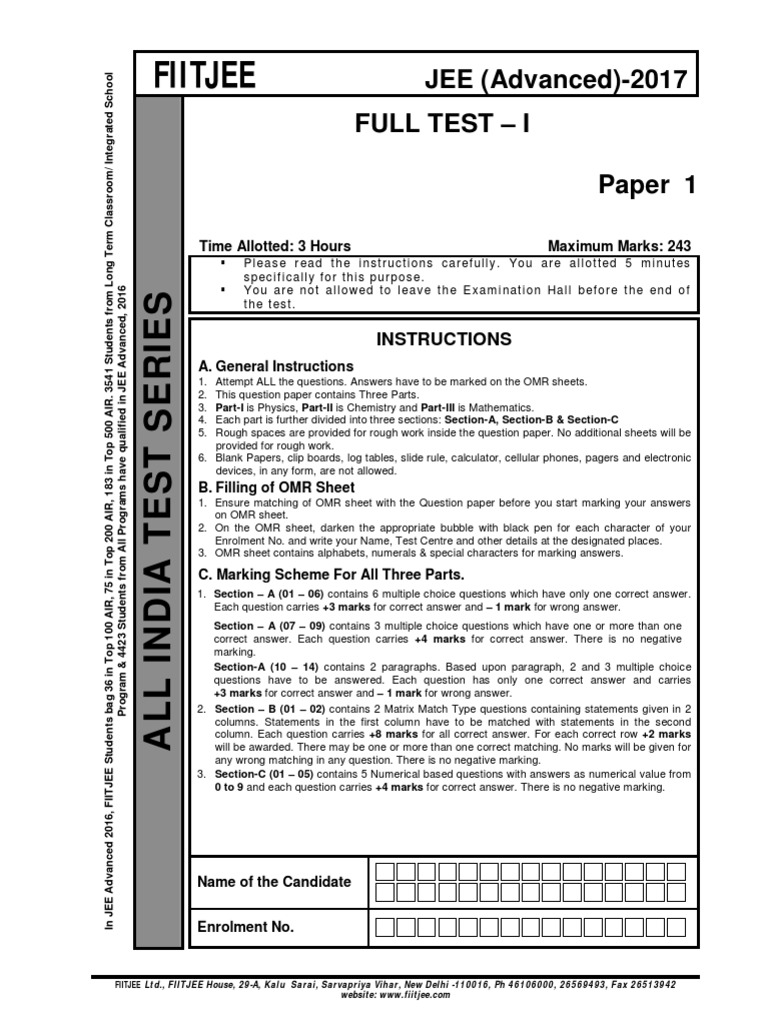 Jee Advanced Full Test 1 Paper 1 Pdf Pdf Resonance Properties Of