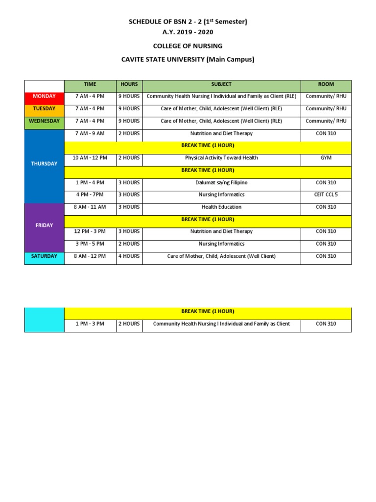 BSN 2 First Semester Class Schedule | PDF