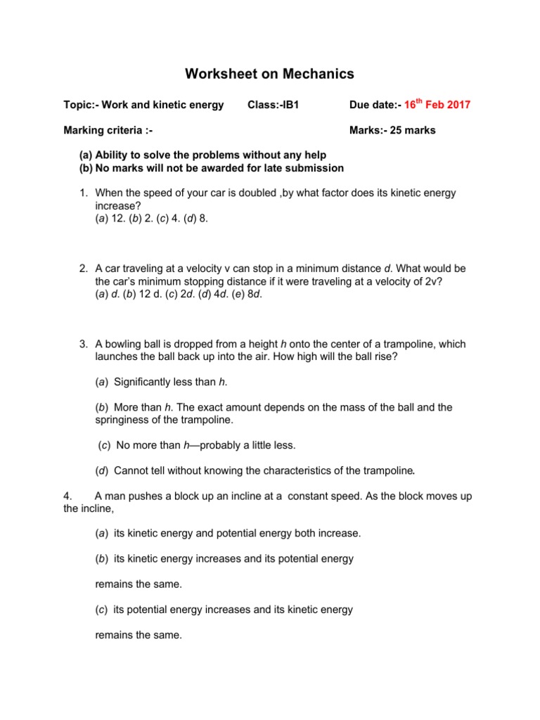 Worksheet On Mechanics | PDF | Kinetic Energy | Force