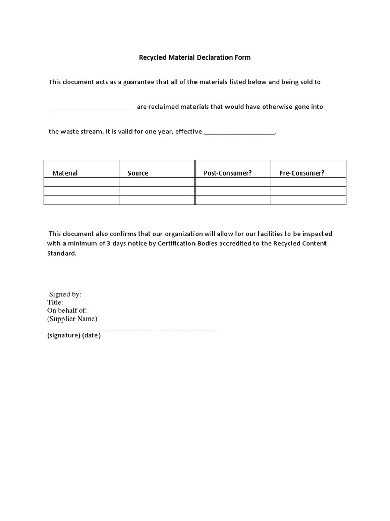 Recycled Material Declaration Form | PDF | Business