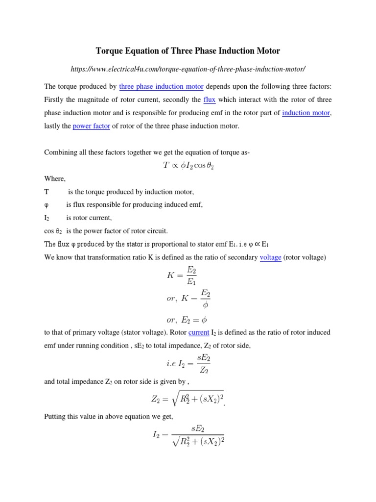 Torque Equation of Three Phase Induction Motor | PDF | Electric Motor ...