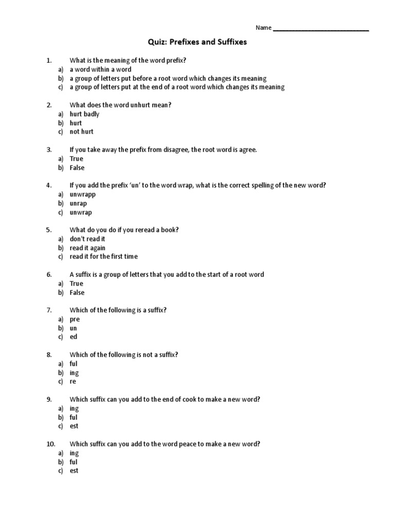 Prefixes and Suffixes Quiz | PDF | Career & Growth