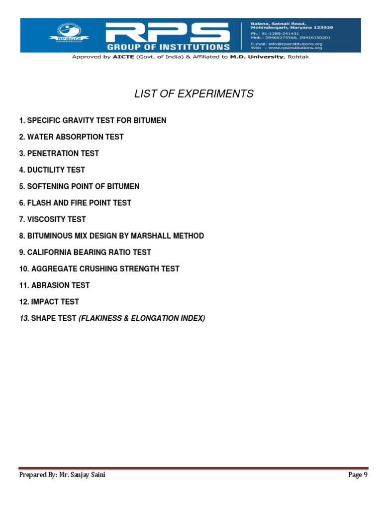 List of Experiments: 13. Shape Test (Flakiness & Elongation Index ...